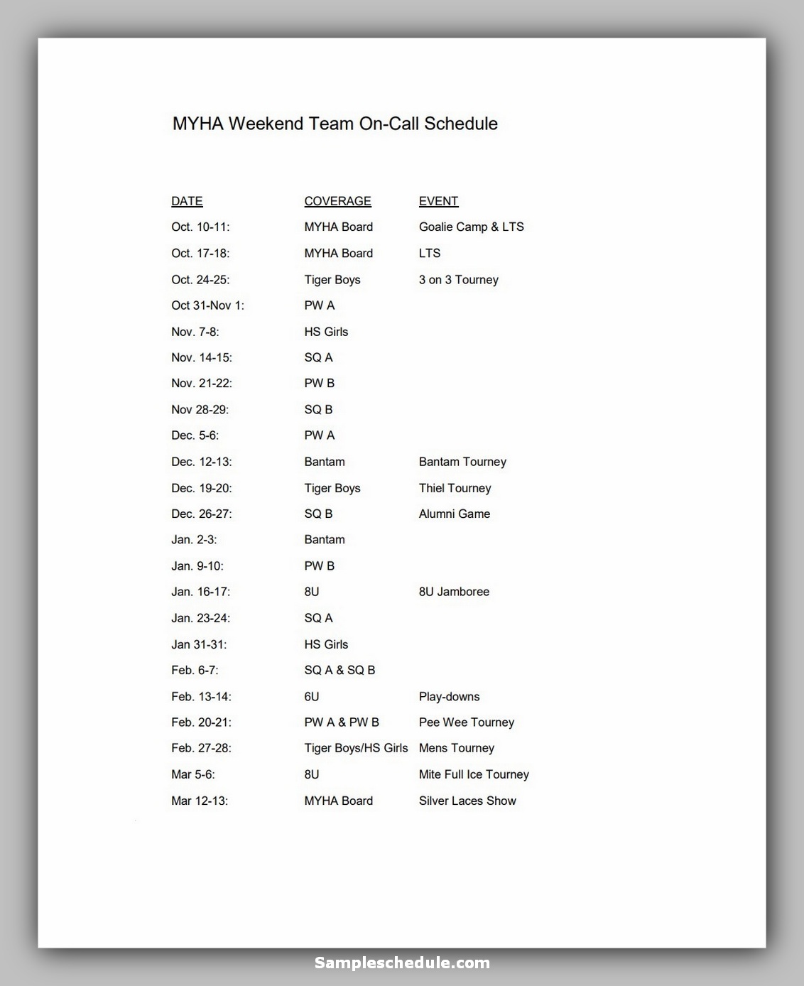 On Call Schedule Template Sample Schedule