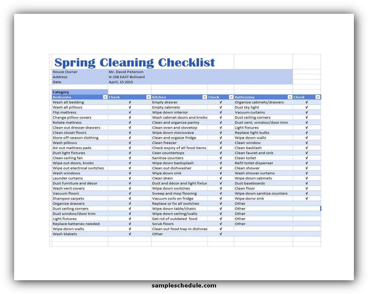 5+ Free Cleaning Checklist Template Excel - sample schedule