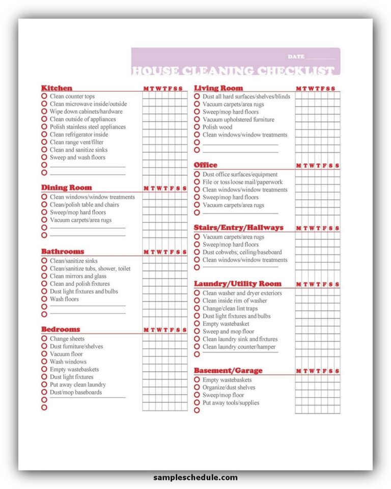 10+ Professional House Cleaning Checklist Template Free - sample schedule