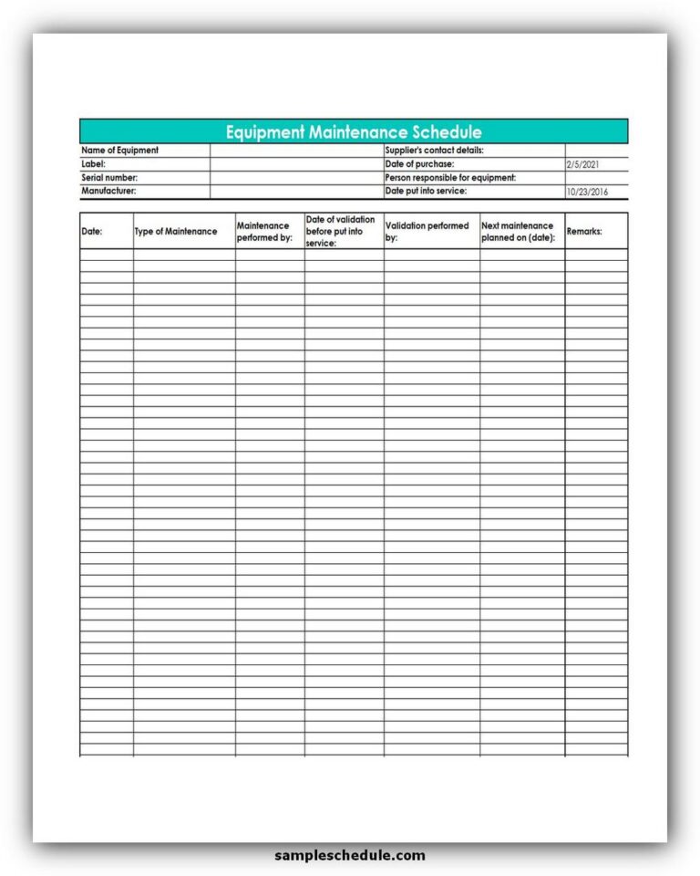 5 Free Equipment Maintenance Schedule Template Excel – sample schedule