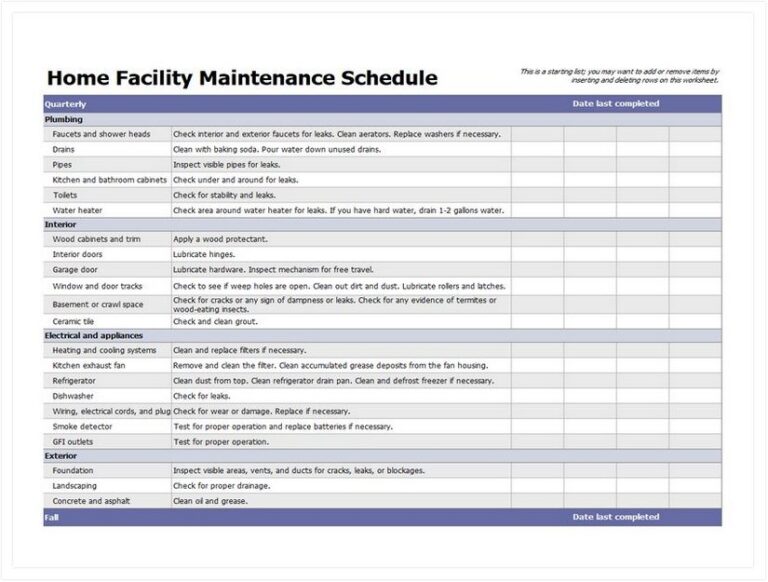 6+ Useful Facility Maintenance Schedule Excel Template - sample schedule